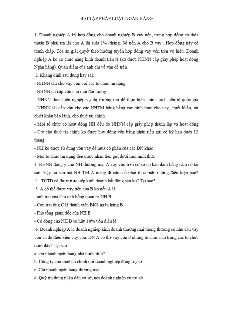 BÀI TẬP PHÁP LUẬT NGÂN HÀNG | PDF