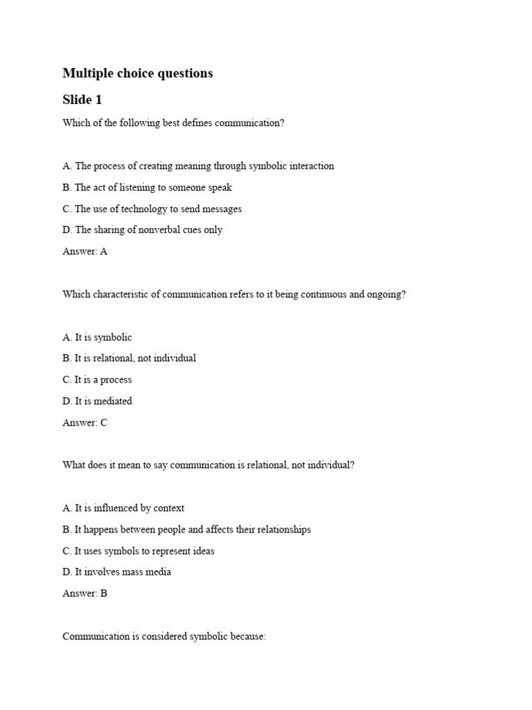 Multiple Choice Questions | PDF | Communication | Nonverbal Communication