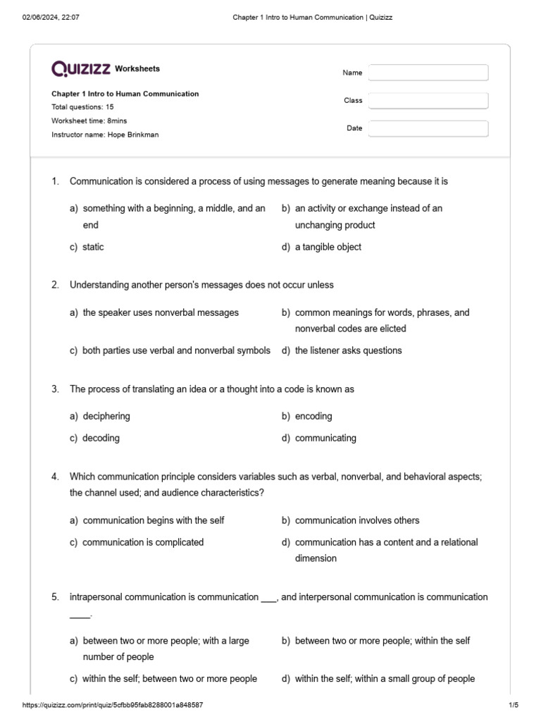 Chapter 1 Intro To Human Communication - Quizizz | PDF | Communication ...