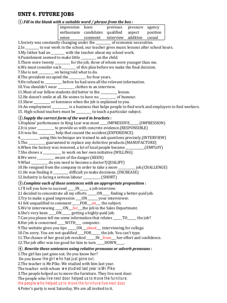 12 Unit 6 Exercises | PDF | Employment | Teachers