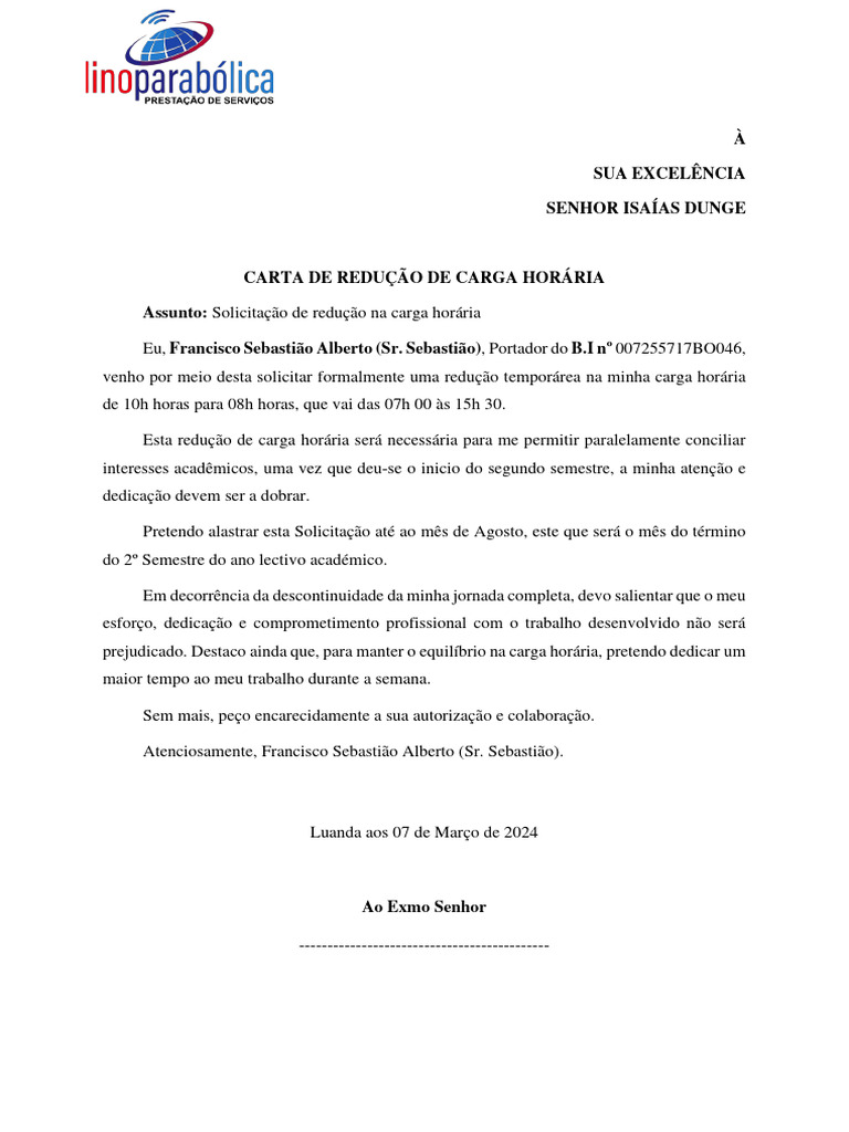 Carta de Reducão de Carga Horaria - Sr. Sebastião 07.03.2024 | PDF Carta de Reducão de Carga Horaria - Sr. Sebastião 07.03.2024 | PDF