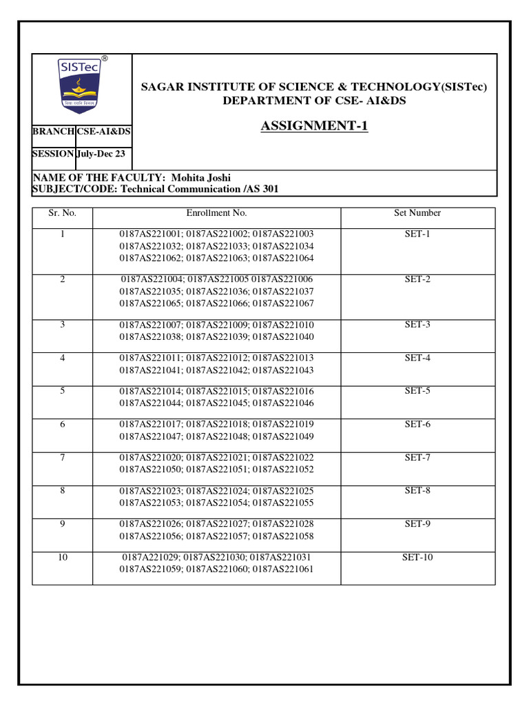 Assignment-1: Sagar Institute of Science & Technology (Sistec ...