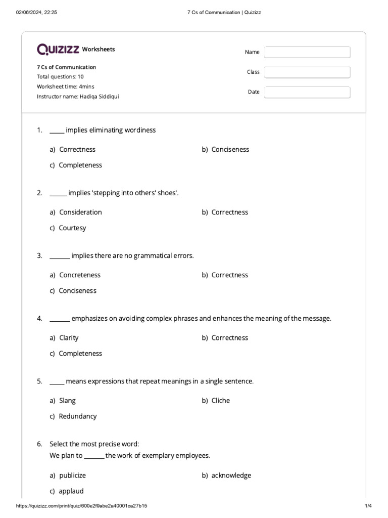 7 Cs of Communication _ Quizizz | PDF | Cognitive Science | Syntax