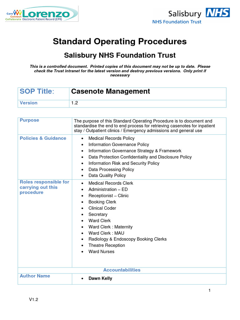 Lorenzo NHS Casenote Management SOP | PDF | Medical Record | Patient