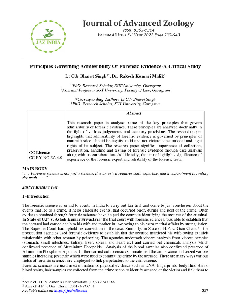 Journal of Advanced Zoology: Principles Governing Admissibility of ...