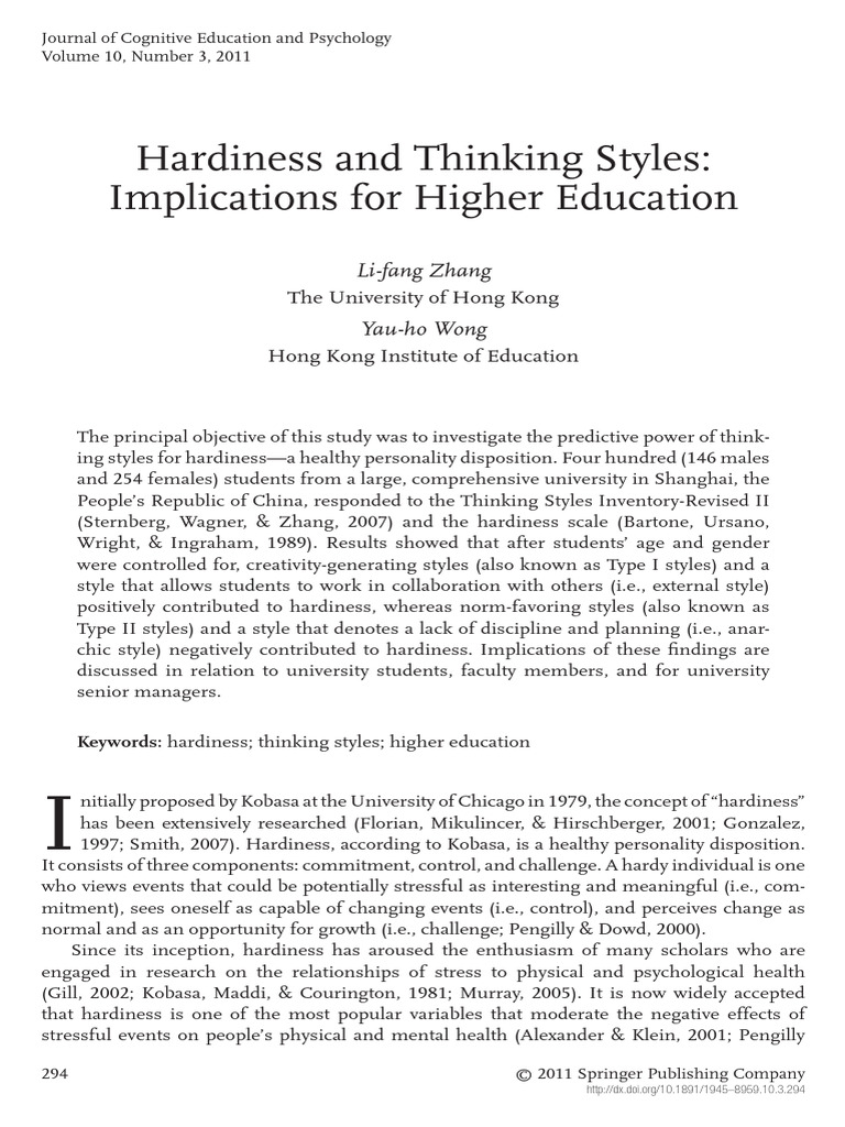 Hardiness and Thinking Styles - Implications for Higher Education | PDF | Thought | Psychology