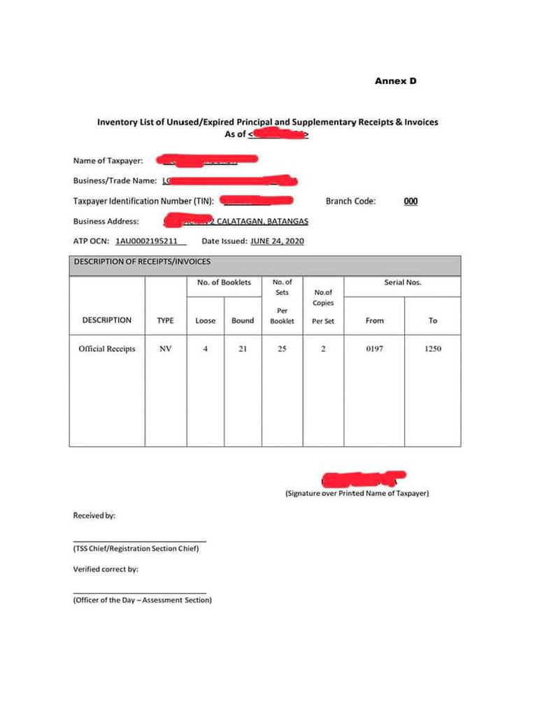 BIR Receipt Inventory List Sample | PDF