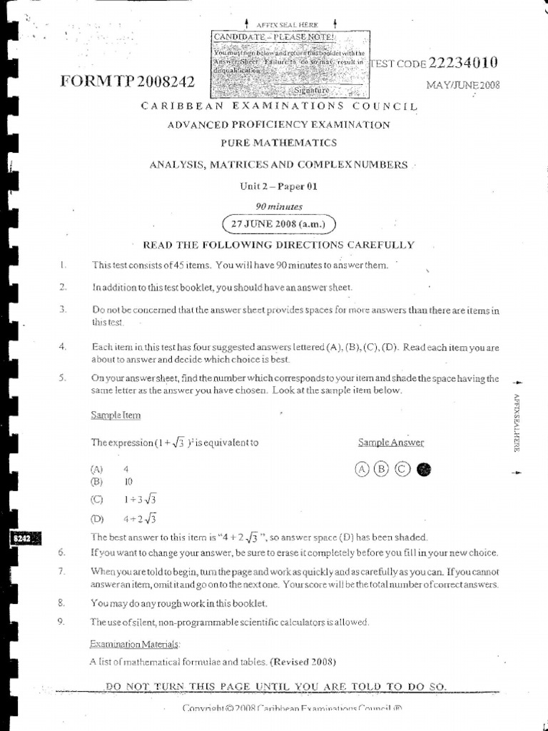 Pure Mathematics Unit 2 P1 2008 | PDF