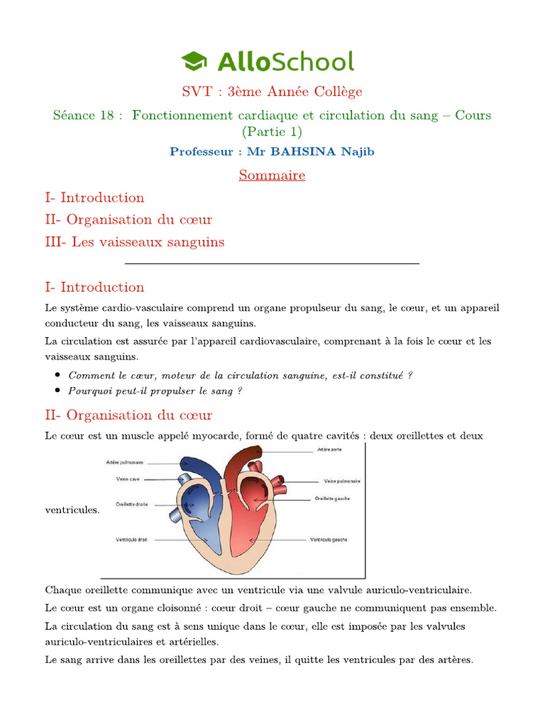 Seance 18 Fonctionnement Cardiaque Et Circulation Du Sang Cours Partie ...