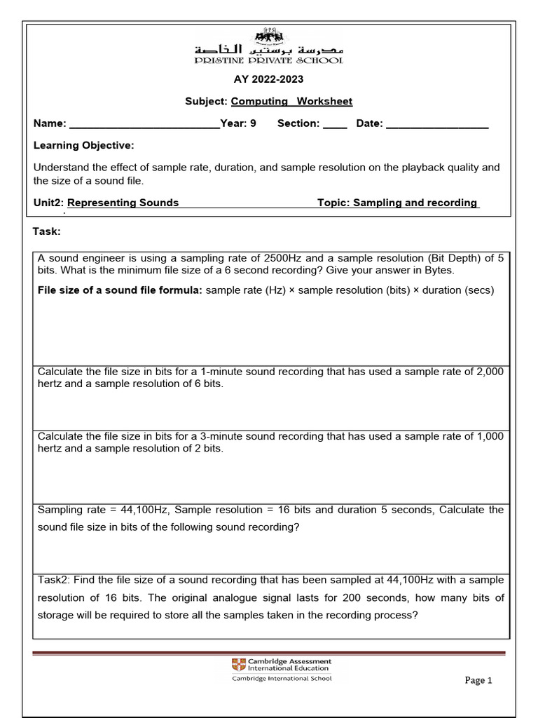 Unit2 - Sound - Sampling Rate - Answerkey | PDF | Sampling (Signal Processing) | Bit