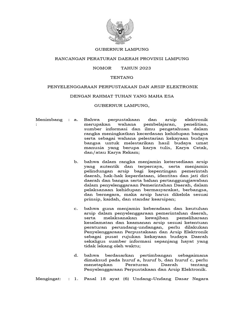 Raperda - Perpustakaan Dan Arsip Elektronik (25 Mei 2023) | PDF