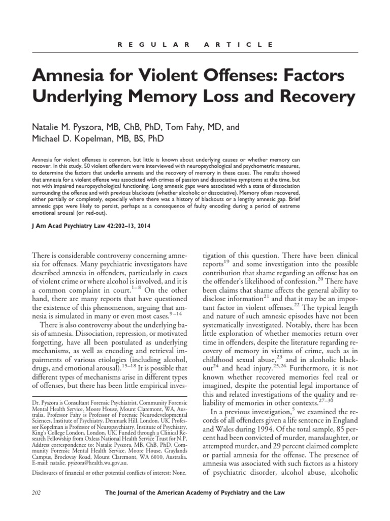 Amnesia For Violent Offenses Factors Underlying Memory Loss and | PDF ...