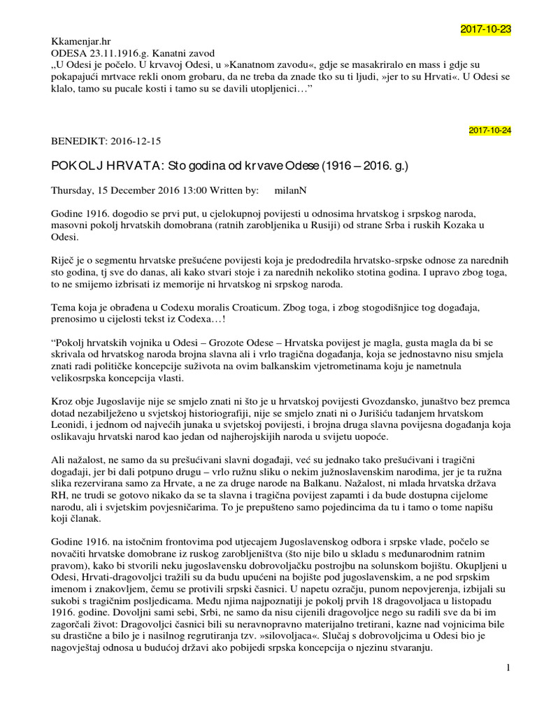 19161123_Benedikt Prpa Odesa Kanatni zavod ubijanje Hrvata | PDF