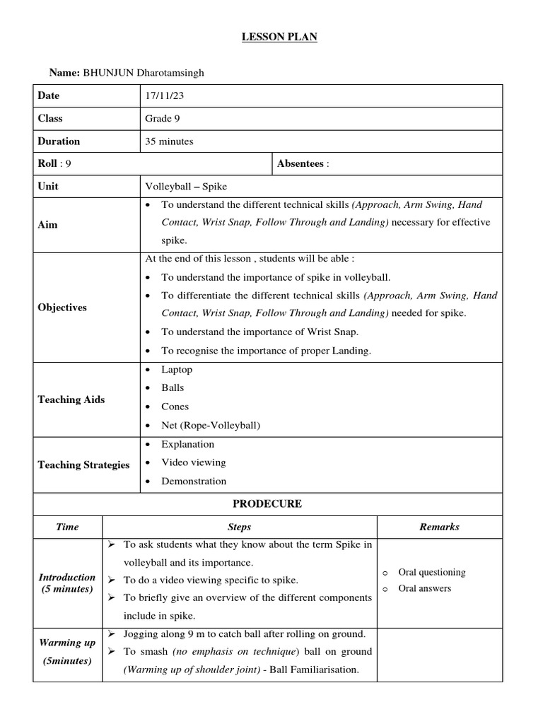 Lesson Plan - SPIKE | PDF | Volleyball