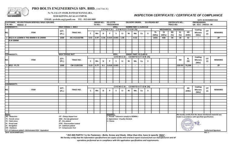 Bichromated Bolts Compliance Certificate | PDF | Screw | Mechanical ...