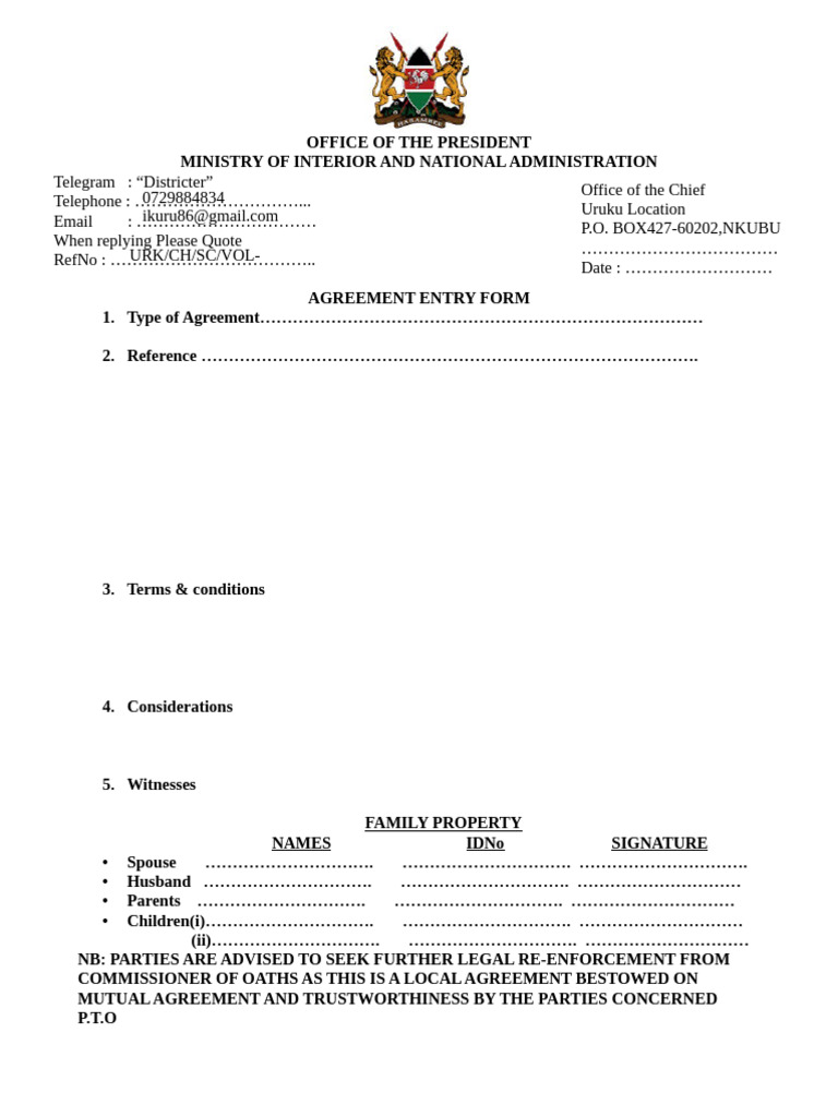 Family Property Agreement Form | PDF | Politics | Games & Activities
