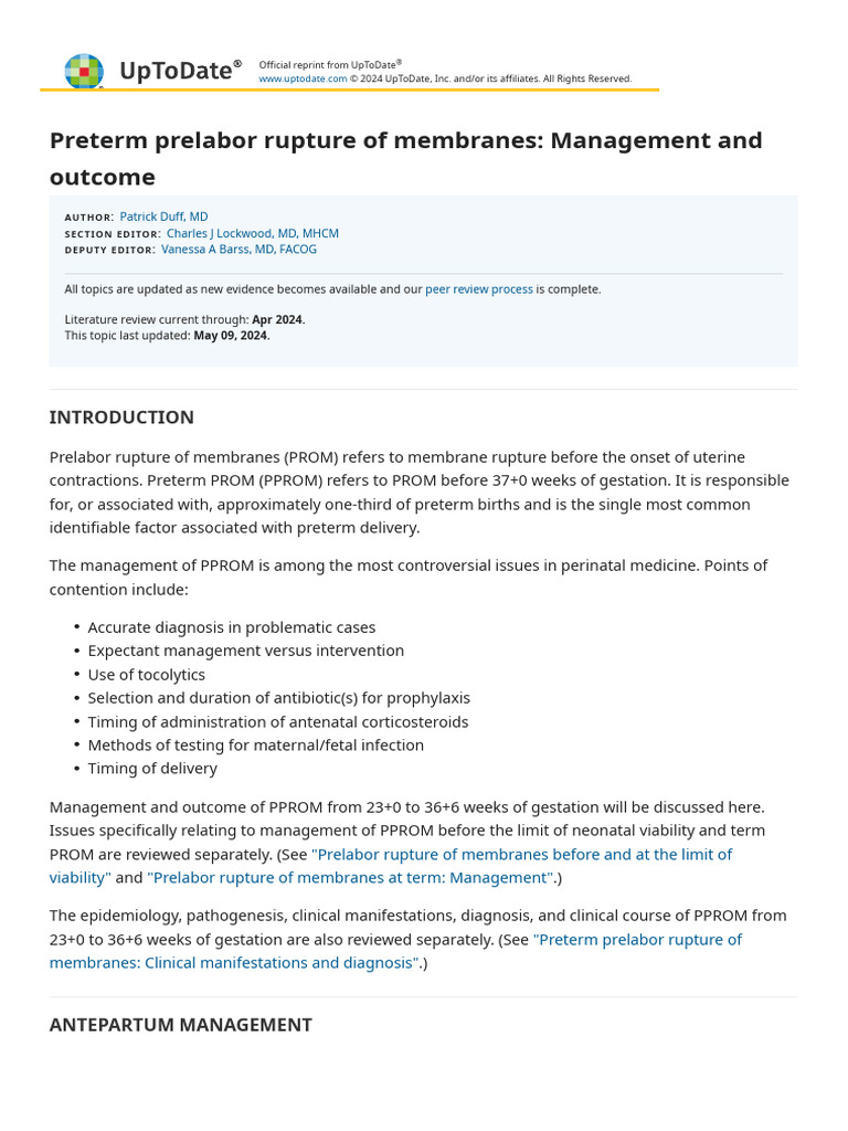 Preterm Prelabor Rupture of Membranes - Management and Outcome ...