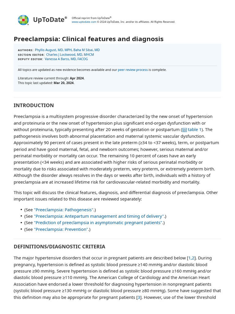 Preeclampsia: Diagnosis and Features | PDF | Hypertension | Pregnancy