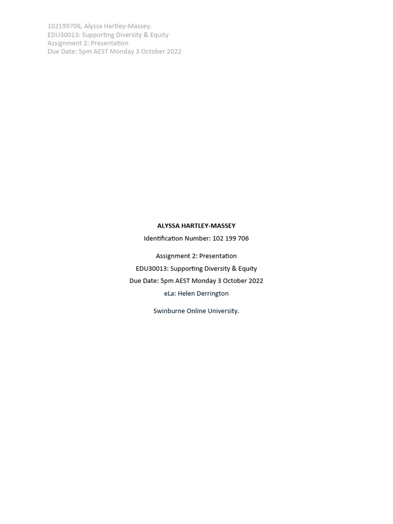 EDO30013 Supporting Diversity & Equity Assignment 2 Presentation | PDF ...