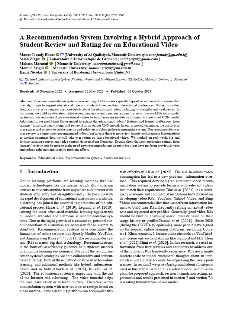 A Recommendation System Involving A Hybrid Approach of Student Review ... A Recommendation System Involving A Hybrid Approach of Student Review ...