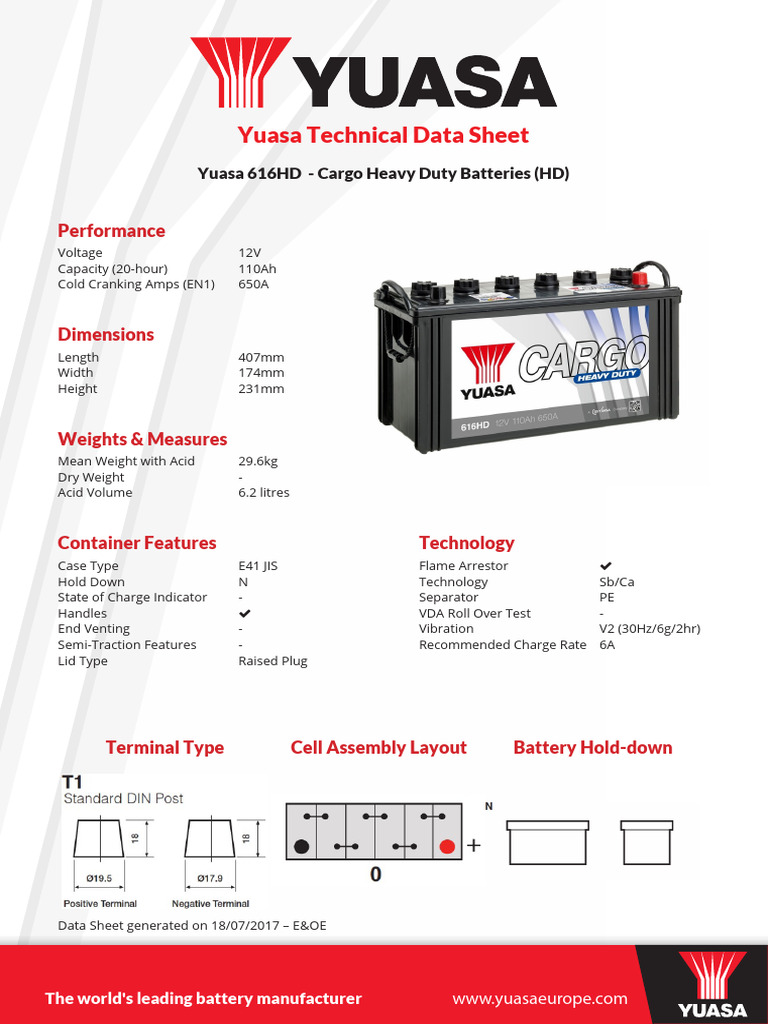 Yuasa 616HD Datasheet | PDF
