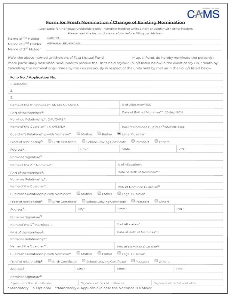 CAMS MF-Nomination Form | PDF