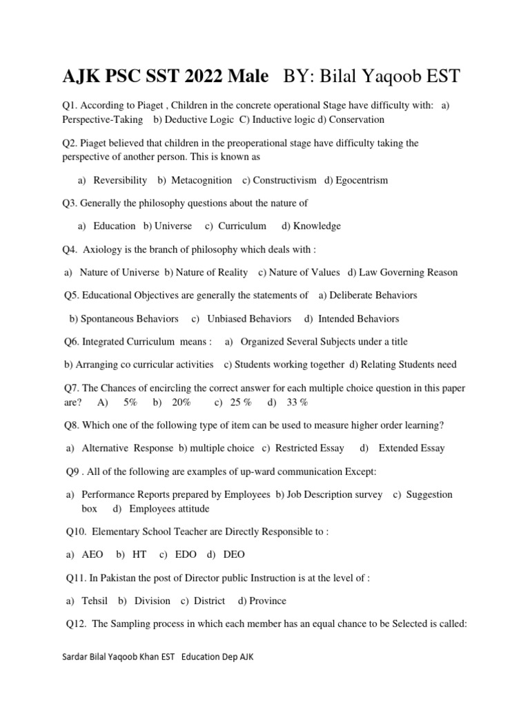 AJK PSC SST 2022 Past Paper MCQs | PDF