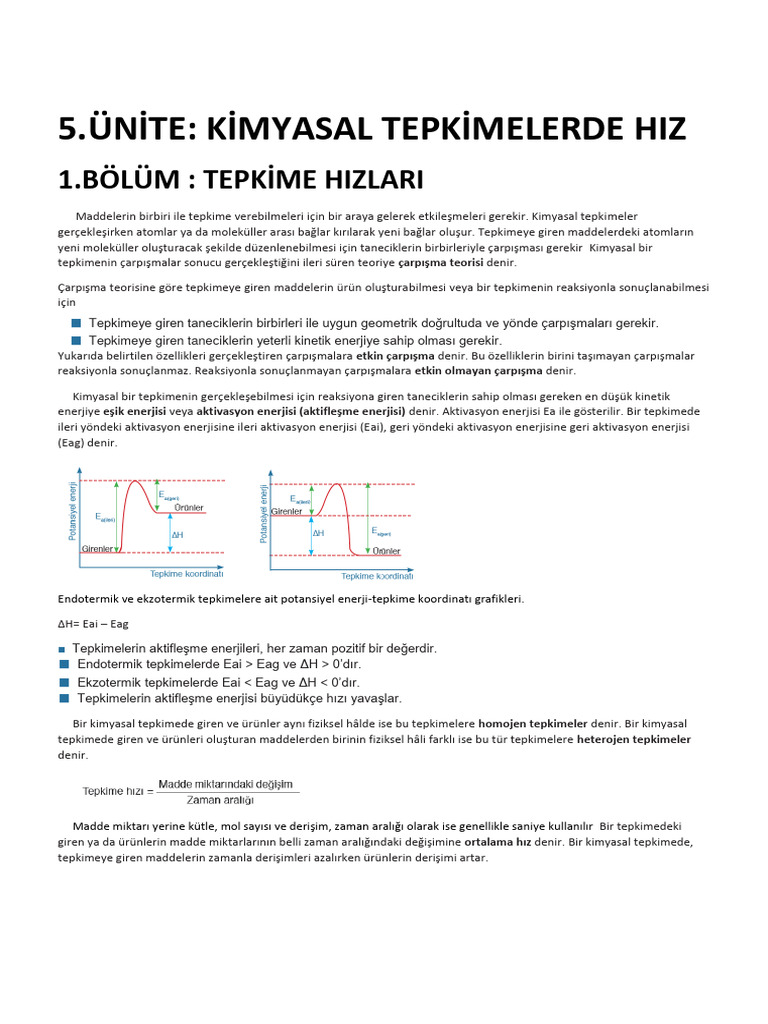 5.ünite: Kimyasal Tepkimelerde Hiz: 1.bölüm: Tepkime Hizlari | PDF