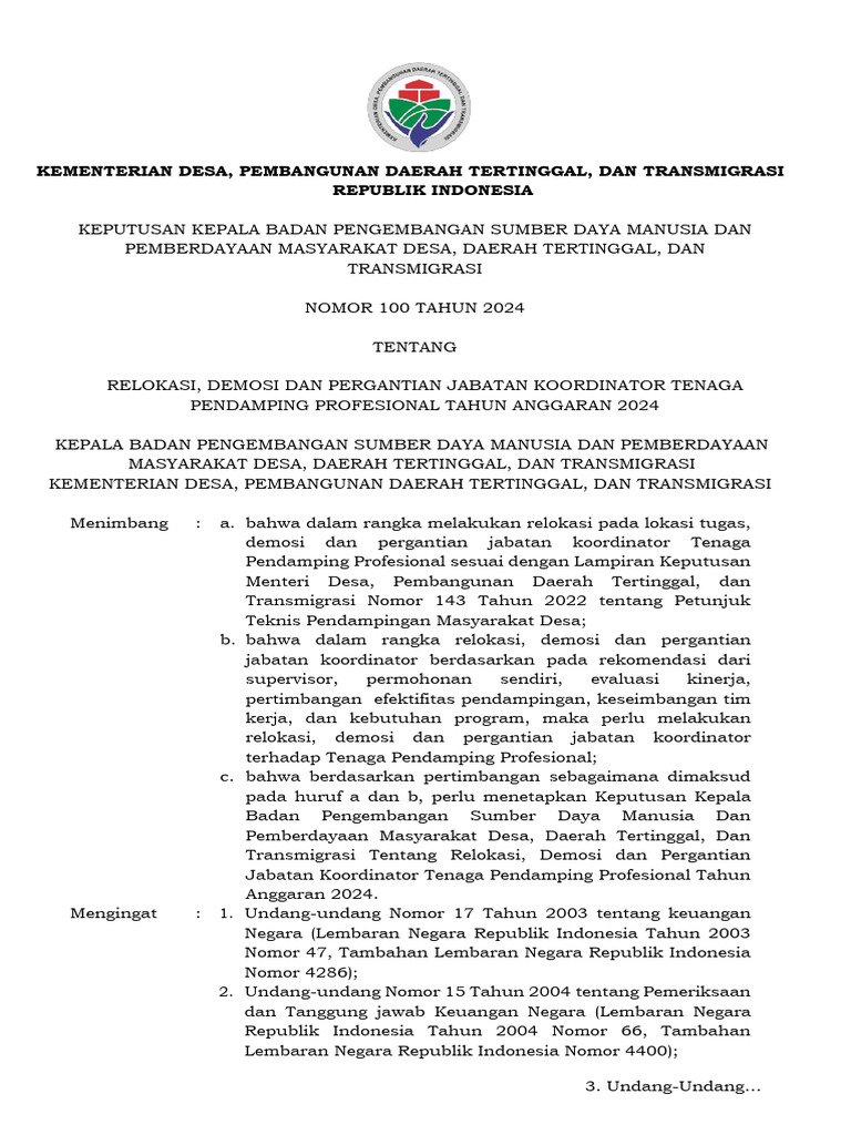 SK Kepala BPSDM No. 100 - Relokasi, Demosi, Perubahan Jabatan TPP - TMT 1 Juni 2024 | PDF