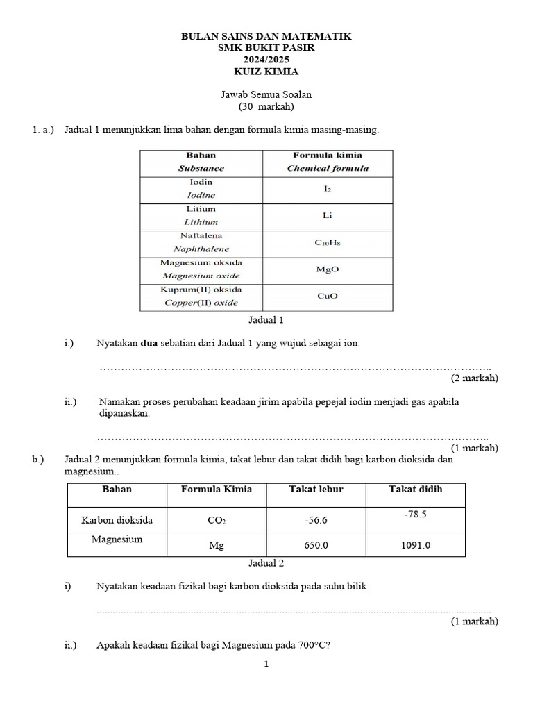 Kuiz Kimia Tingkatan 4 | PDF