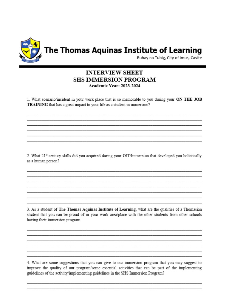 Interview Sheet Aquinas Immersion | PDF | Career & Growth | Social Science