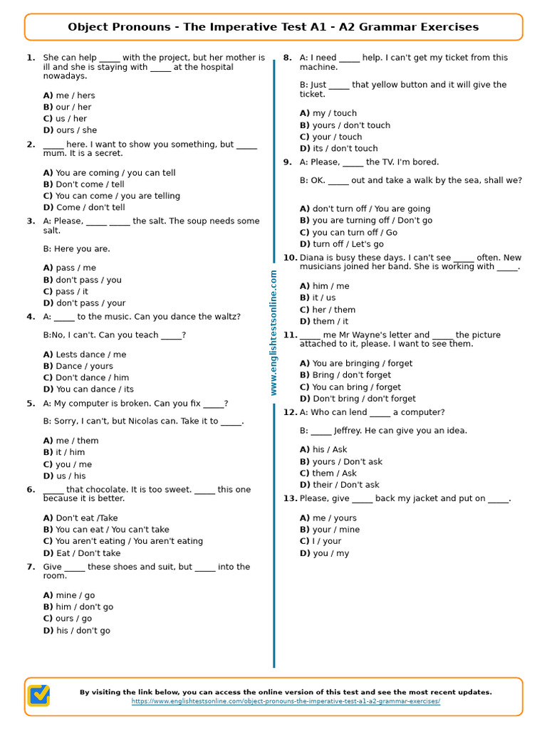 450 - Object Pronouns The Imperative Test A1 A2 Grammar Exercises | PDF