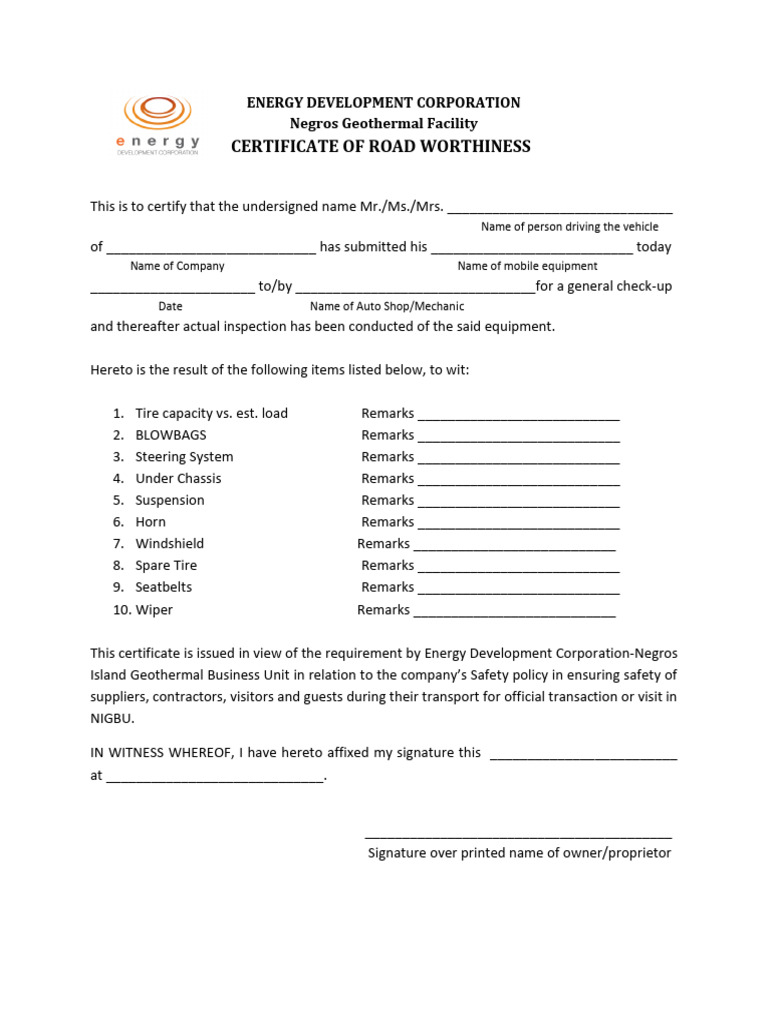 Certificate of Road Worthiness Form 1 1 | PDF