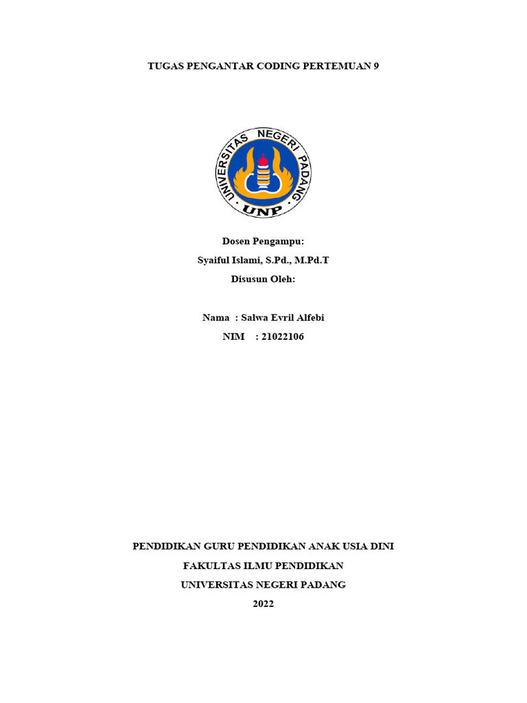Tugas Pengantar Coding Pertemuan 9 Salwa Evril Alfebi | PDF