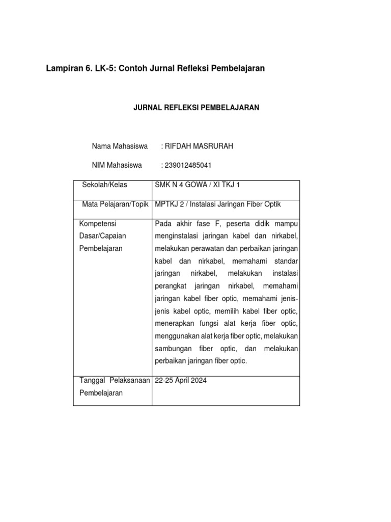 Lampiran 6. LK-5 Contoh Jurnal Refleksi Pembelajaran | PDF