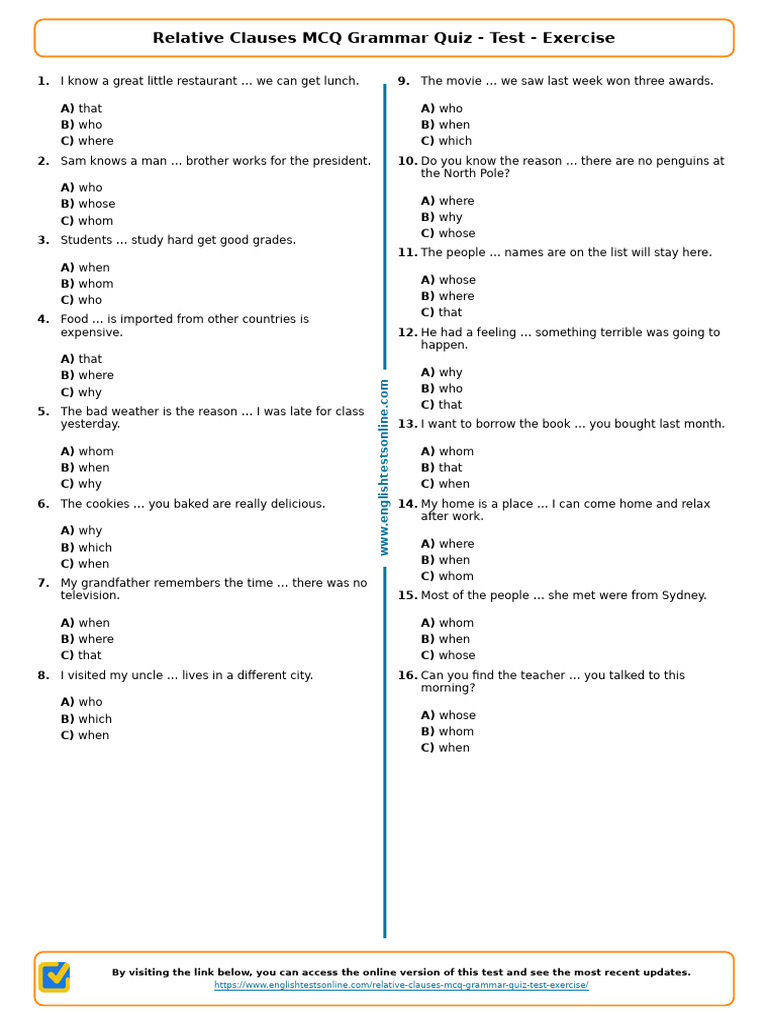 767 - Relative Clauses MCQ Grammar Quiz Test Exercise | PDF