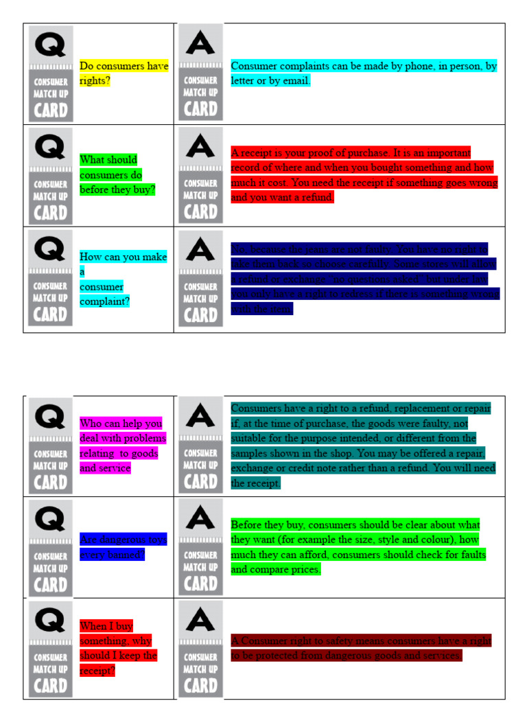 Consumer Card Match Up Jumbled | PDF | Receipt | Goods