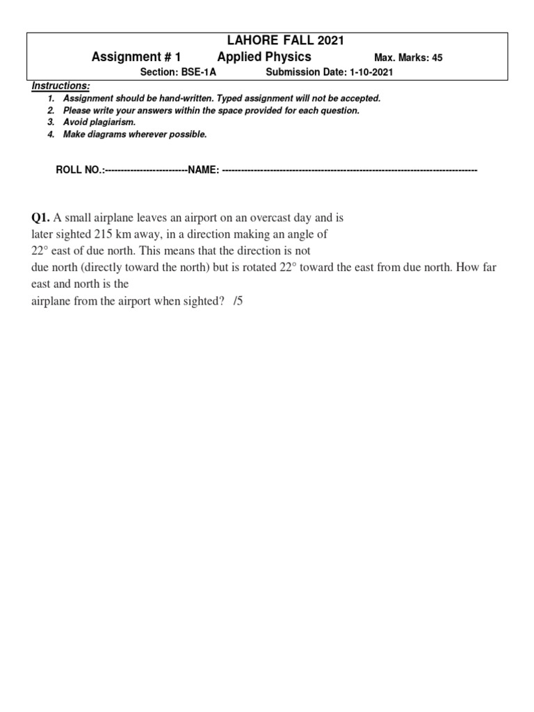 BSE 1A Assignment 1 Chapter 3 (Fall 2021) | PDF | Euclidean Vector | Mechanics