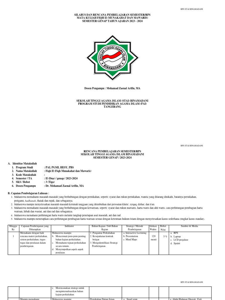 RPS FIQH MUNAKAHAT DAN MAWARIS 2024 Dibagi Mhss | PDF