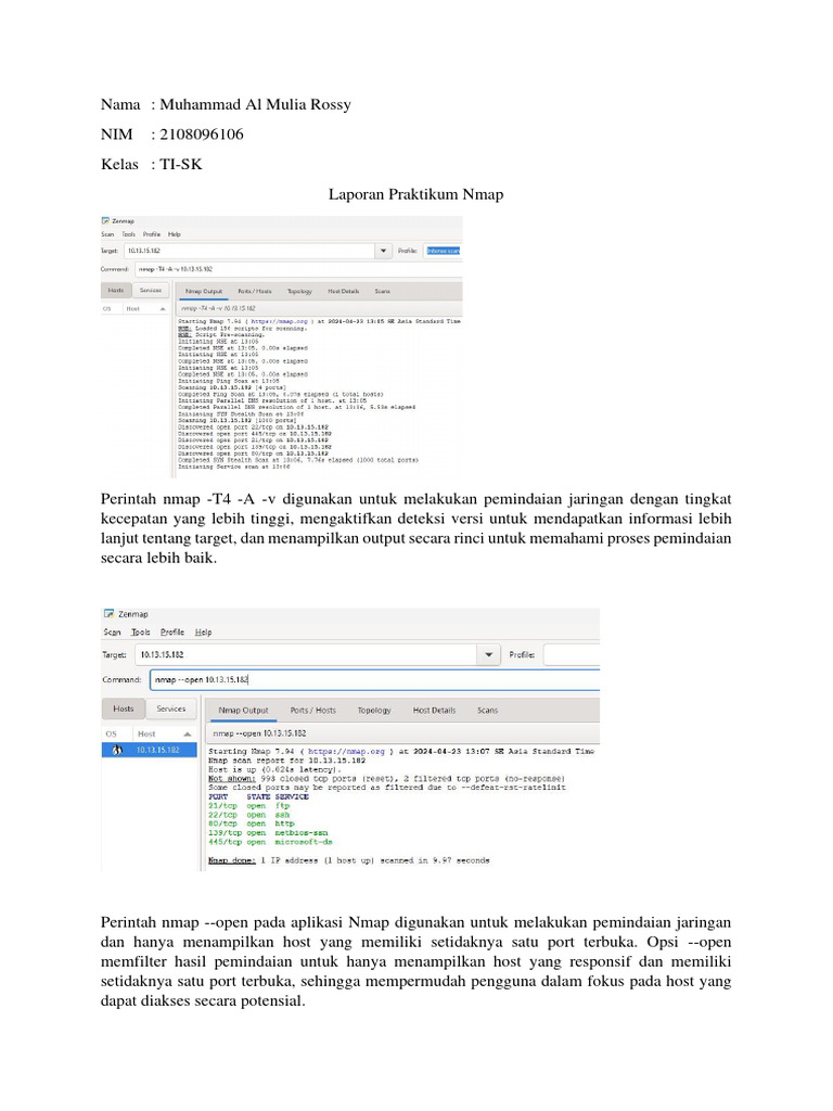 Laprak Penugasan Nmap Muhammad Al Mulia Rossy - 2108096106 | PDF