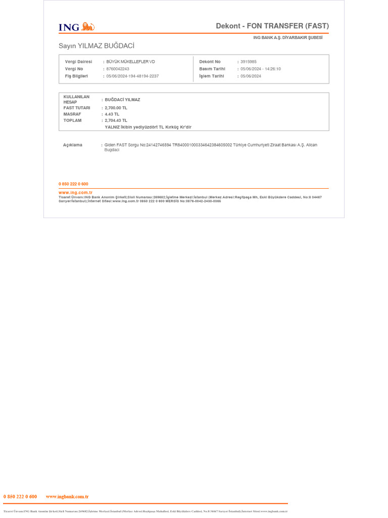 Dekont - InG - 05.06.2024 Tarihli Hesaba EFT | PDF
