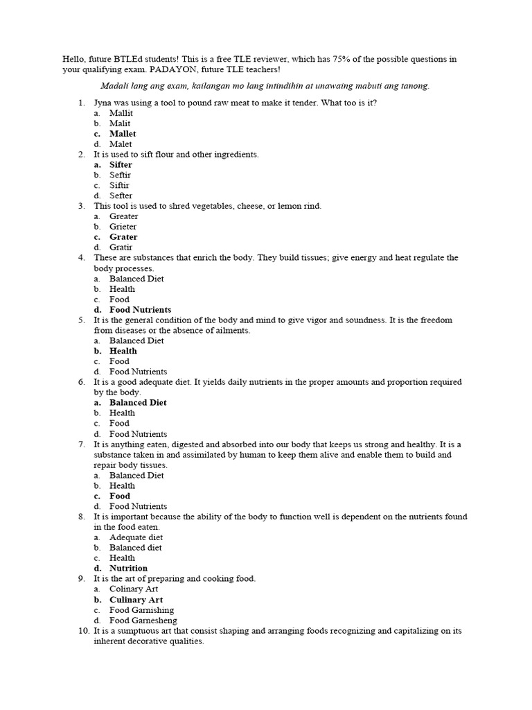 TLE - Qualifying Exam W Answer Key | PDF | Sauce | Chinese Cuisine