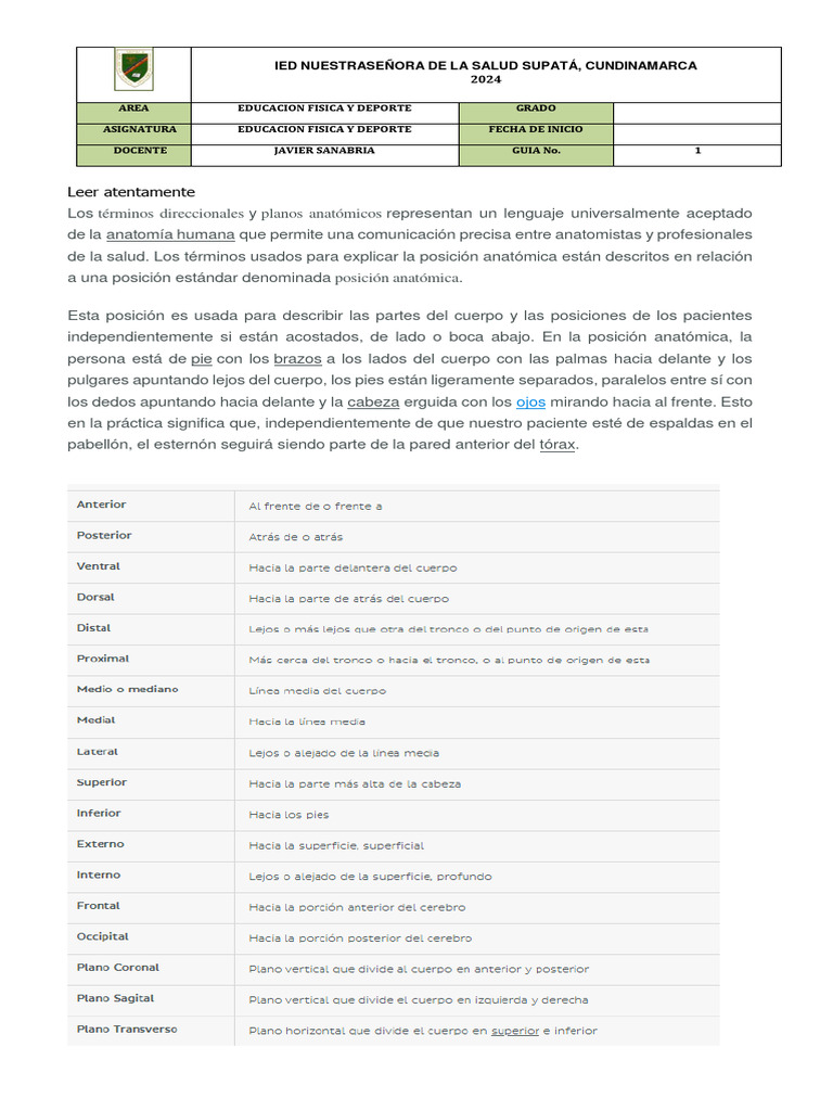 GUIA 2 Planos Ejes y Movimientos | PDF | Términos anatómicos de ubicación