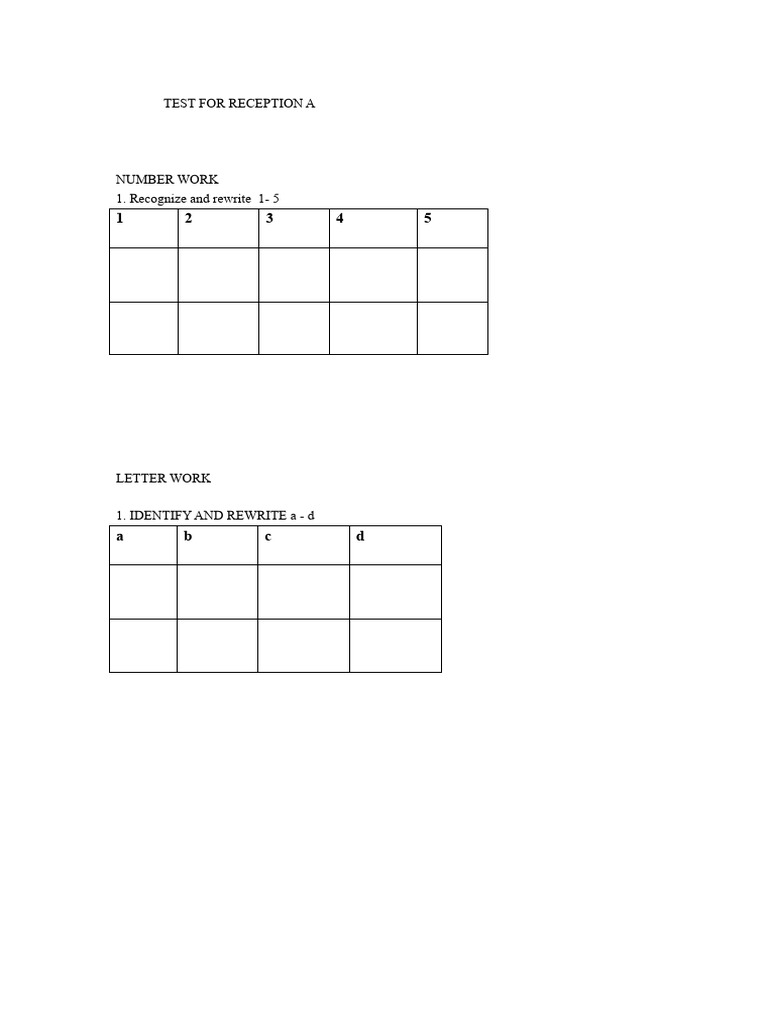 Reception A Test: Number & Letter Work | PDF