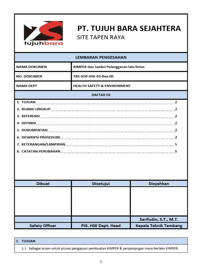 TBS-SOP-HSE-03 (KIMPER Dan Pelanggaran Lalu Lintas) | PDF