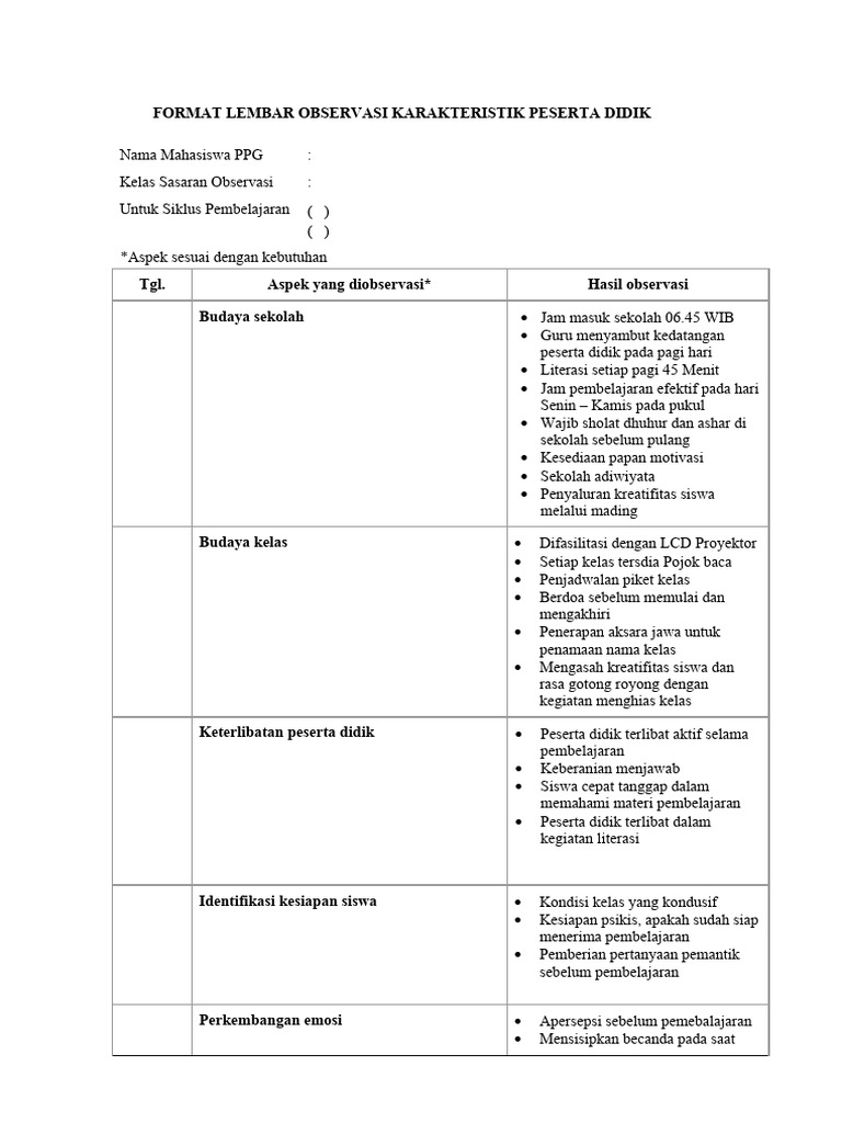 Contoh Format Lembar Observasi Karakteristik Peserta Didik | PDF