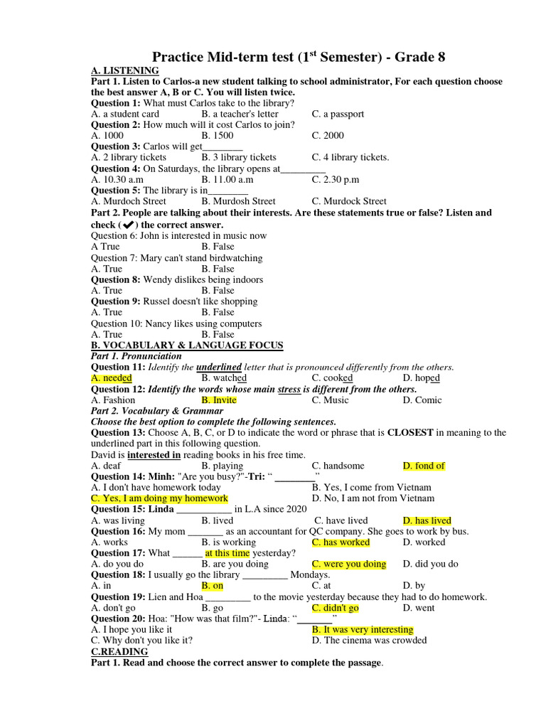 Practice English Test Grade 8 - Test 2 | PDF | Question | Linguistics