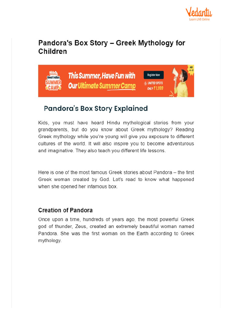 Pandora's Box Story - Greek Mythology For Children | PDF