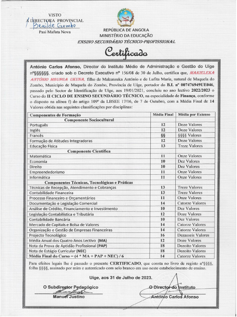 Certificado 13°classe - Makieleka | PDF