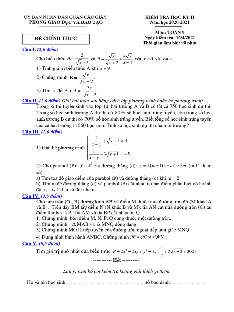 HK2-TOÁN 9-2020-2021-Cầu Giấy | PDF